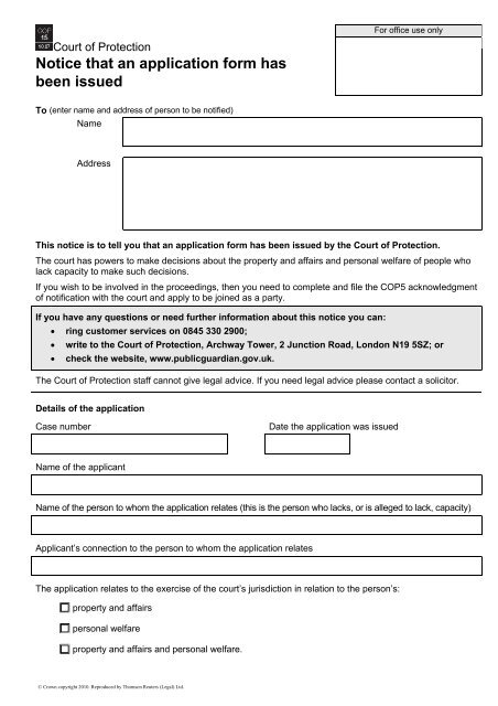 COP15 Notice that an application form has been issued