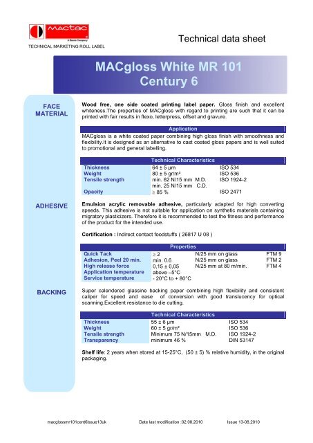 Technical data sheet - MACtac europe