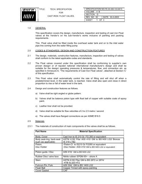 1.0 GENERAL This specification covers the design, manufacture ...