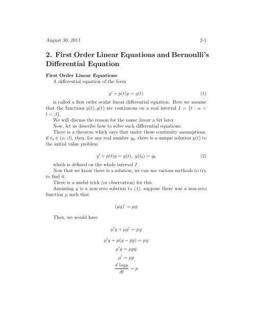 2. First Order Linear Equations and Bernoulli's Differential Equation