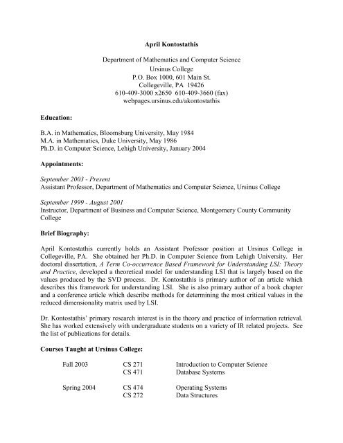 C.V. - Ursinus College Student, Faculty and Staff Web Pages