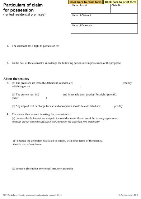 N119 - Particulars of claim for possession (rent residental premises)