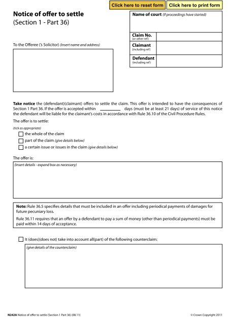 Notice of offer to settle - Part 36