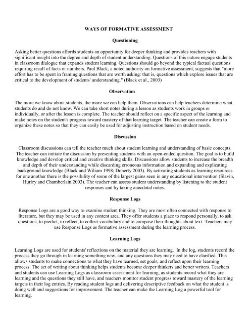 WAYS OF FORMATIVE ASSESSMENT Questioning Asking ... - NESA