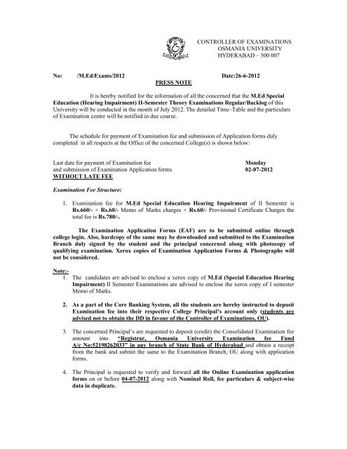 CONTROLLER OF EXAMINATIONS OSMANIA UNIVERSITY ...