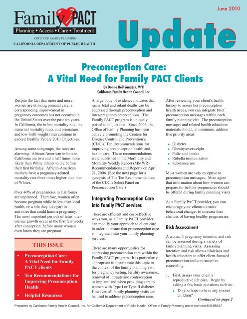 Preconception Care: A Vital Need for Family PACT Clients (PDF)