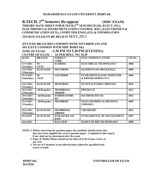 Date Sheet of B.Tech Re-Appear Exam - MDU, Rohtak