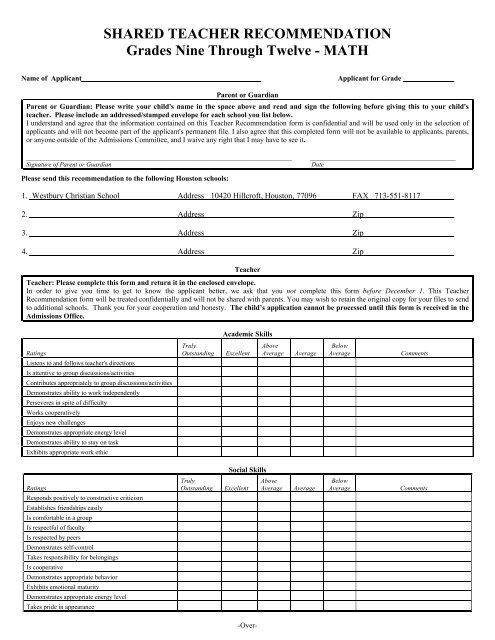 Math Teacher Recommendation Form for Applicants for Grades 9-12