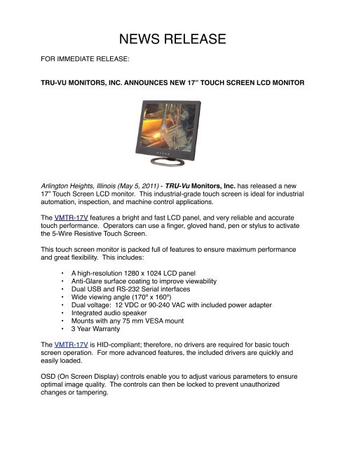 17" Touch Screen LCD Monitor - TRU-Vu Monitors