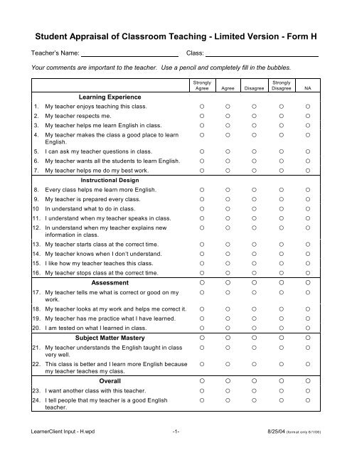 Student Appraisal of Classroom Teaching - Limited Version - Form H