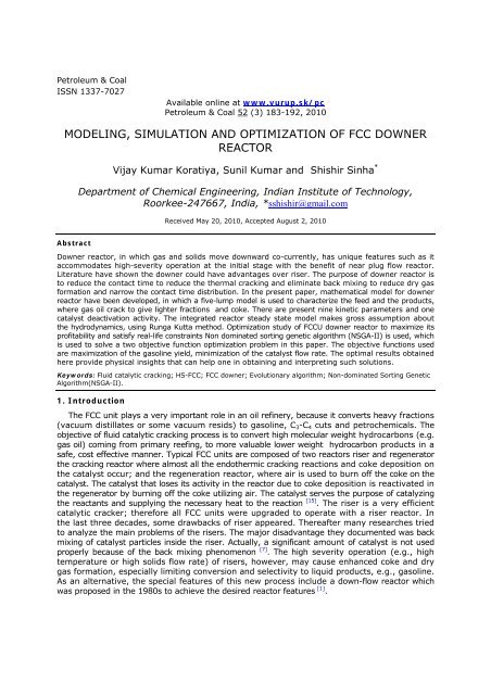 modeling, simulation and optimization of fcc downer reactor