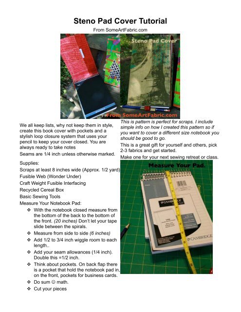 Steno Pad Cover Tutorial - Some Art Fabric