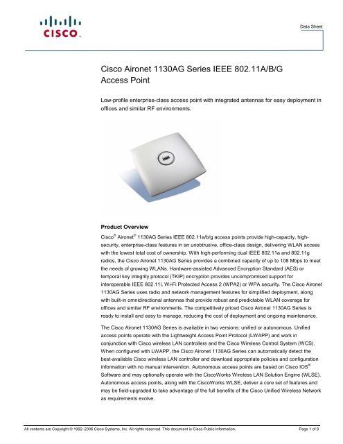 Cisco AP1130 Series Wireless Lan Controller Product Overview