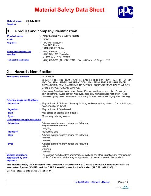 Amercoat 2 VOC - White Resin MSDS - AltaPaints and Coatings
