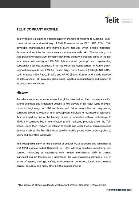 TELIT COMPANY PROFILE History