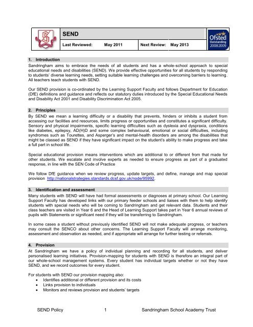 SANDRINGHAM SCHOOL SEN POLICY