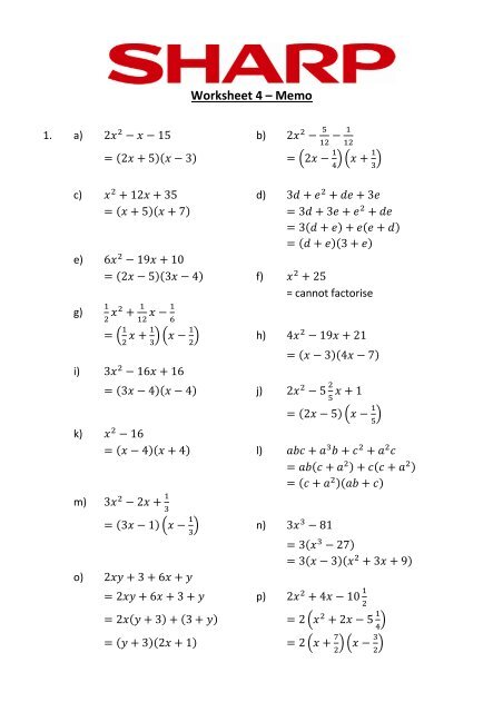Matric-Maths-Free-Worksheet 4 Memo - Solve x ... - E-Classroom