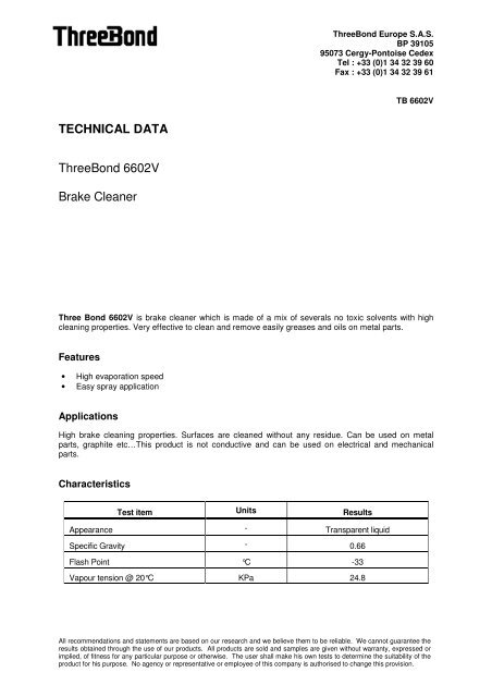 TECHNICAL DATA ThreeBond 6602V Brake Cleaner
