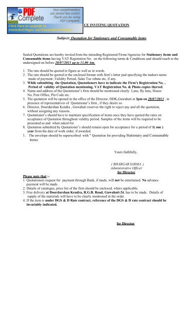 Quotation for Stationary and Consumable items - Doordarshan ...