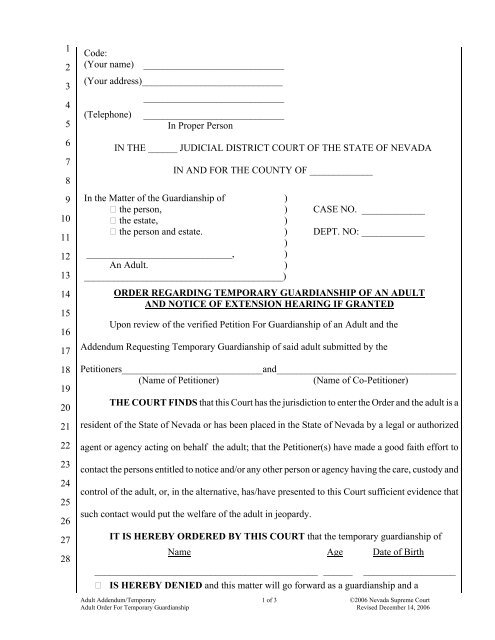 Order Regarding Temporary Guardianship of an Adult and Notice of ...