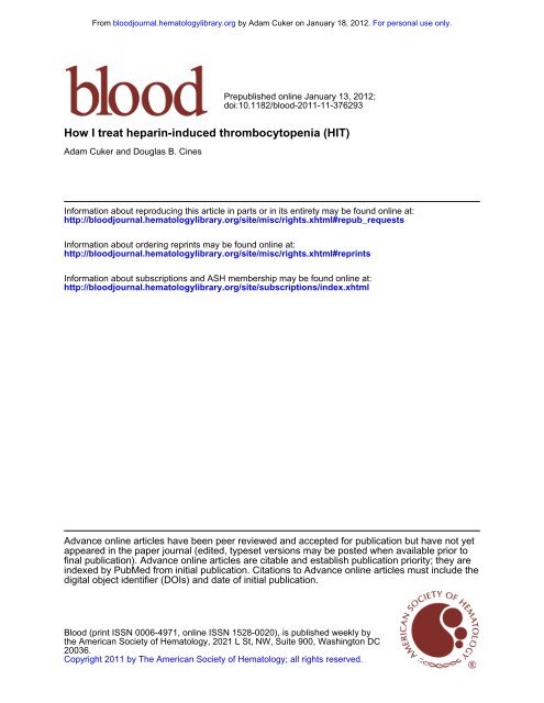 How I treat heparin-induced thrombocytopenia (HIT) - Institute for ...