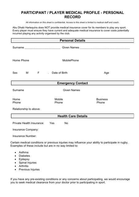 Medical Form - Abu Dhabi Harlequins Rugby Club