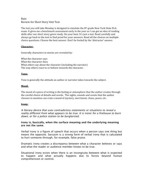 Raio Review for Short Story Unit Test