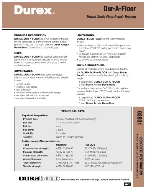 Durex Dur-A-Floor Specifications - Durabond