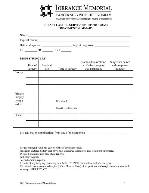 Breast Cancer Treatment Record - Torrance Memorial Medical Center