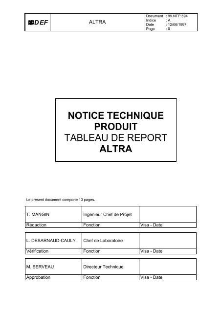 NOTICE TECHNIQUE PRODUIT TABLEAU DE REPORT ALTRA - DEF