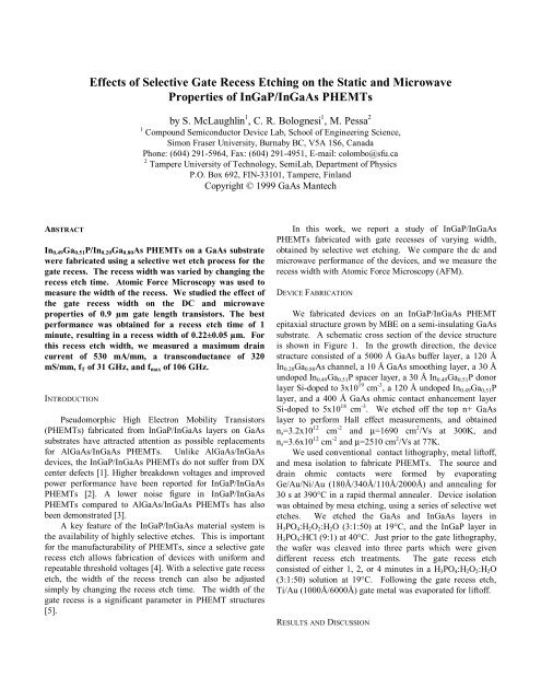 Effects of Selective Gate Recess Etching on the Static ... - CS Mantech
