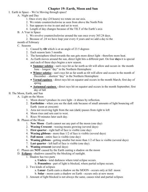 Chapter 19: Earth, Moon and Sun - Earth Science with Mrs. Wilson