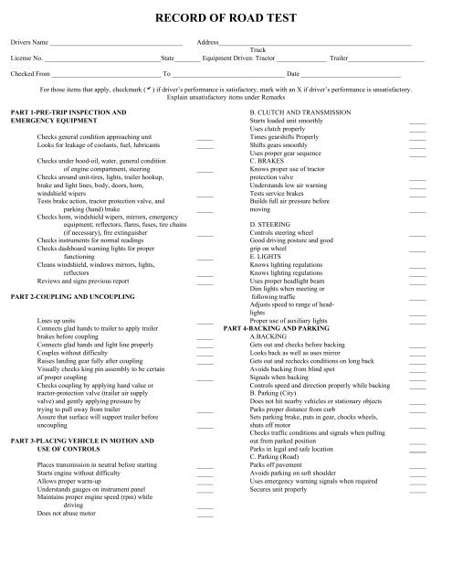 RECORD OF ROAD TEST