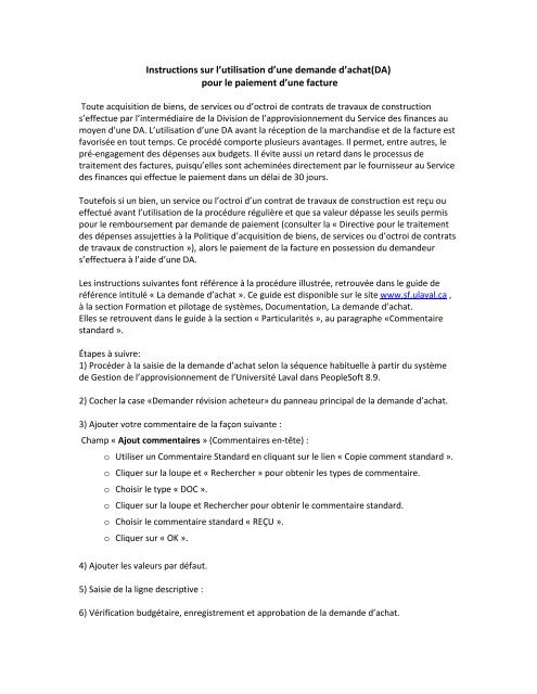 Instructions sur l'utilisation d'une demande d'achat(DA) - Service des ...