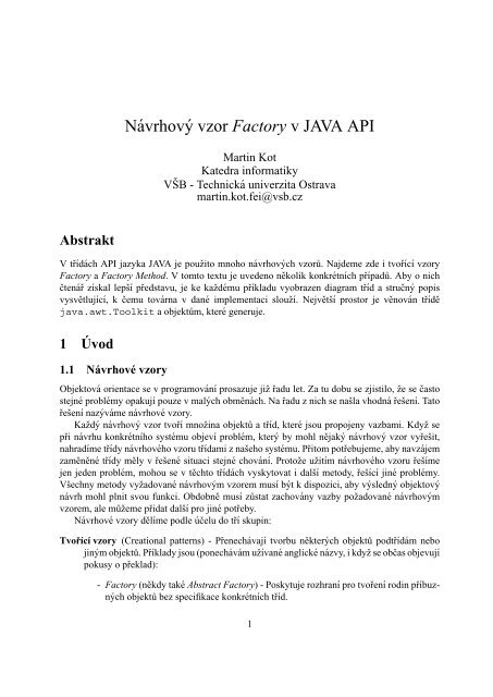 NÃ¡vrhovyÂ´ vzor Factory v JAVA API - Katedra informatiky FEI VÅ B-TUO
