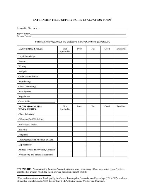 Externship Field Supervisor's Evaluation Form - Loyola Law School