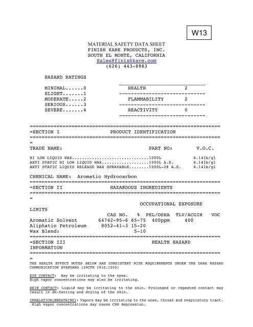 MATERIAL SAFETY DATA SHEET FINISH KARE PRODUCTS, INC ...