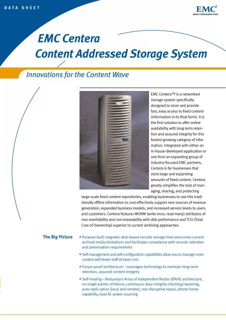 Centera Data Sheet.pdf - EMC Centera