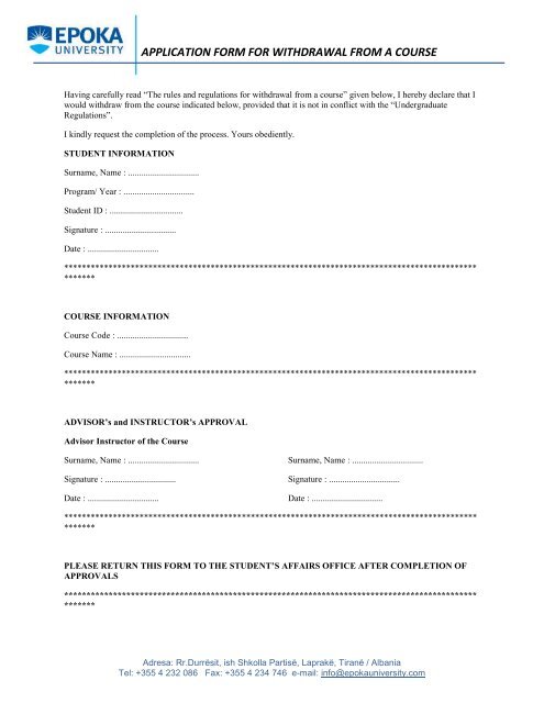 APPLICATION FORM FOR WITHDRAWAL FROM A COURSE