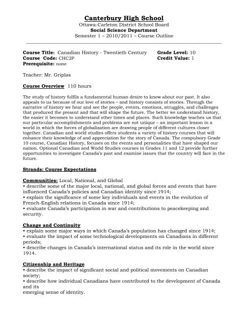 Grade 10 Canadian History (Applied), CHC2P - Canterbury High ...