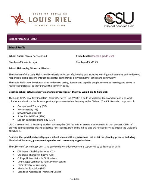 School Plan 2011â 2012 School Profile - Louis Riel School Division