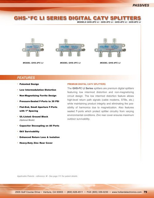 GHS-*FC LI SERIES DIGITAL CATV SPLITTERS - Holland Electronics
