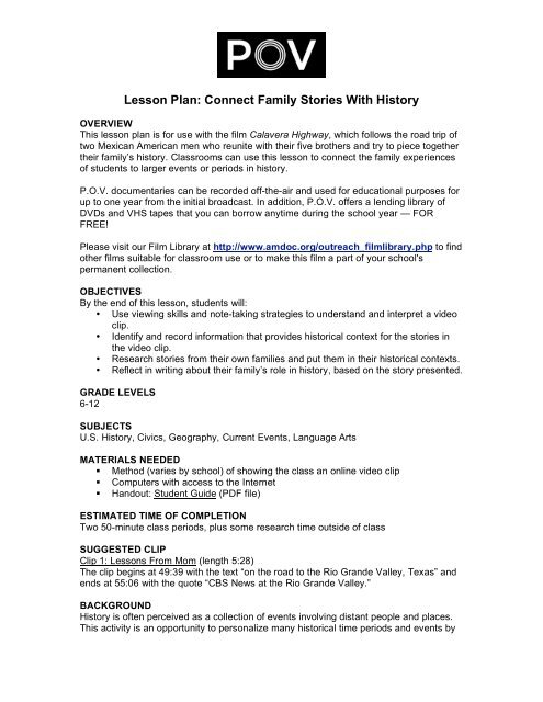 Lesson Plan: Connect Family Stories With History - PBS