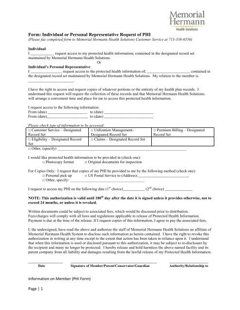 Request for Personal Health Information - Memorial Hermann ...