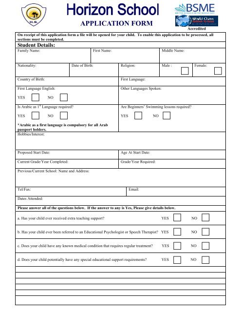 APPLICATION FORM - Horizon School