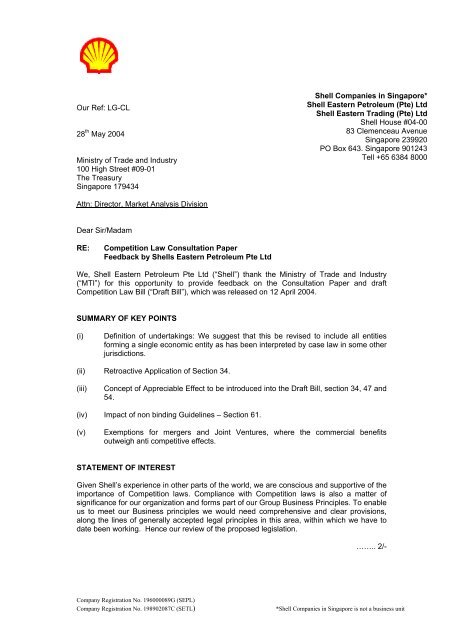 Shell Eastern Petroleum Pte Ltd - Ministry of Trade and Industry Shell Eastern Petroleum Pte Ltd - Ministry of Trade and Industry