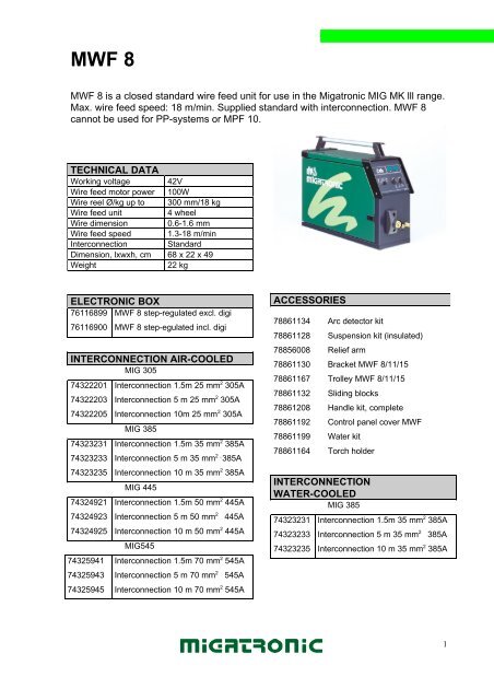 MWF 8 is a closed standard wire feed unit for use in the Migatronic ...