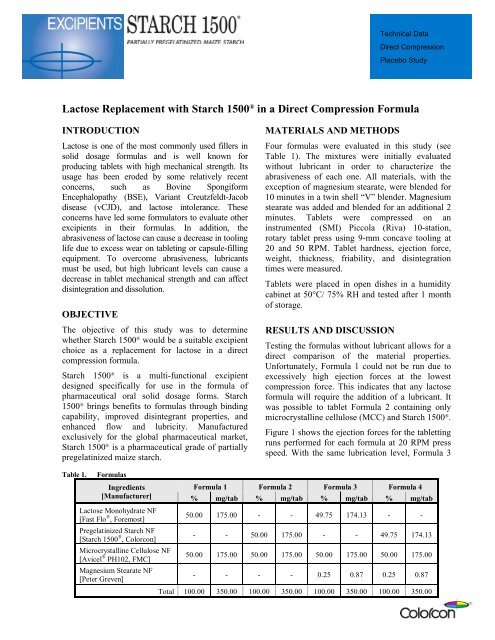 Lactose Replacement with Starch 1500Â® in a Direct ... - Colorcon