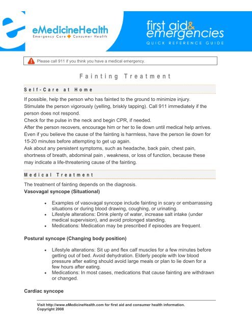 Fainting Treatment - First Aid & Emergencies Quick Reference Guide