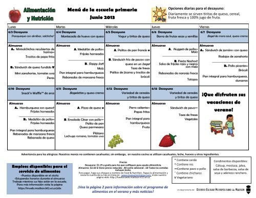 Menú De Almuerzo De La Escuela Primaria
